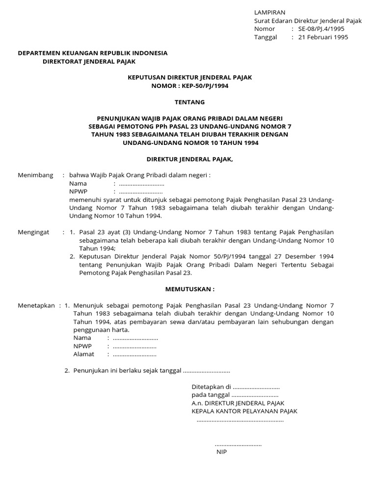 (Surat Edaran) Dirjen Pajak Nomor SE-08 - PJ.4 - 1995 (PPH Pasal 23) | PDF (Surat Edaran) Dirjen Pajak Nomor SE-08 - PJ.4 - 1995 (PPH Pasal 23) | PDF