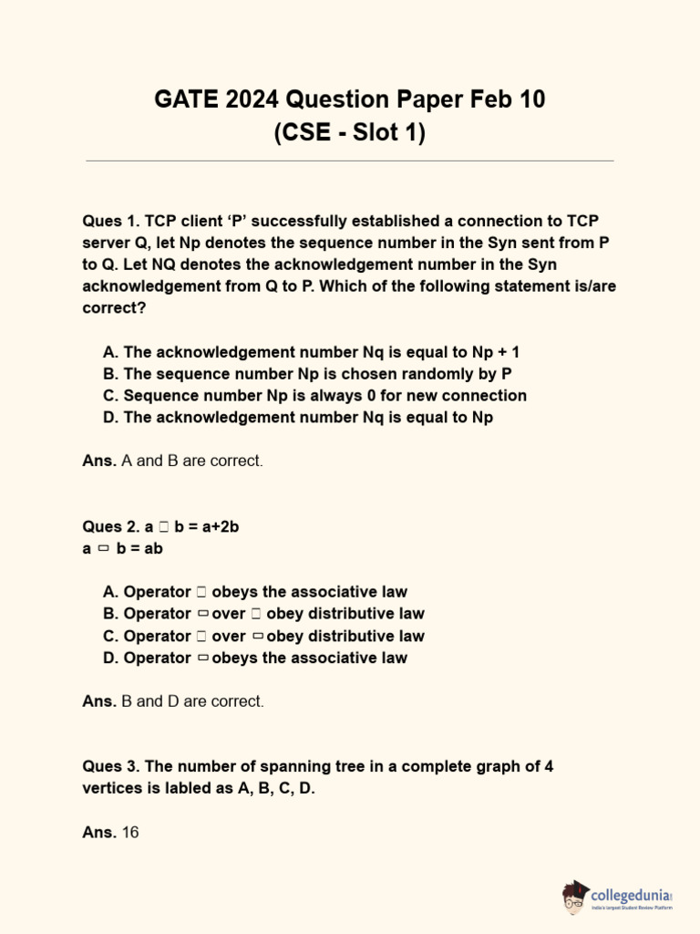 GATE 2024 CSE Slot 1 Question Paper Feb 10 | Download Free PDF | Transmission Control Protocol ...