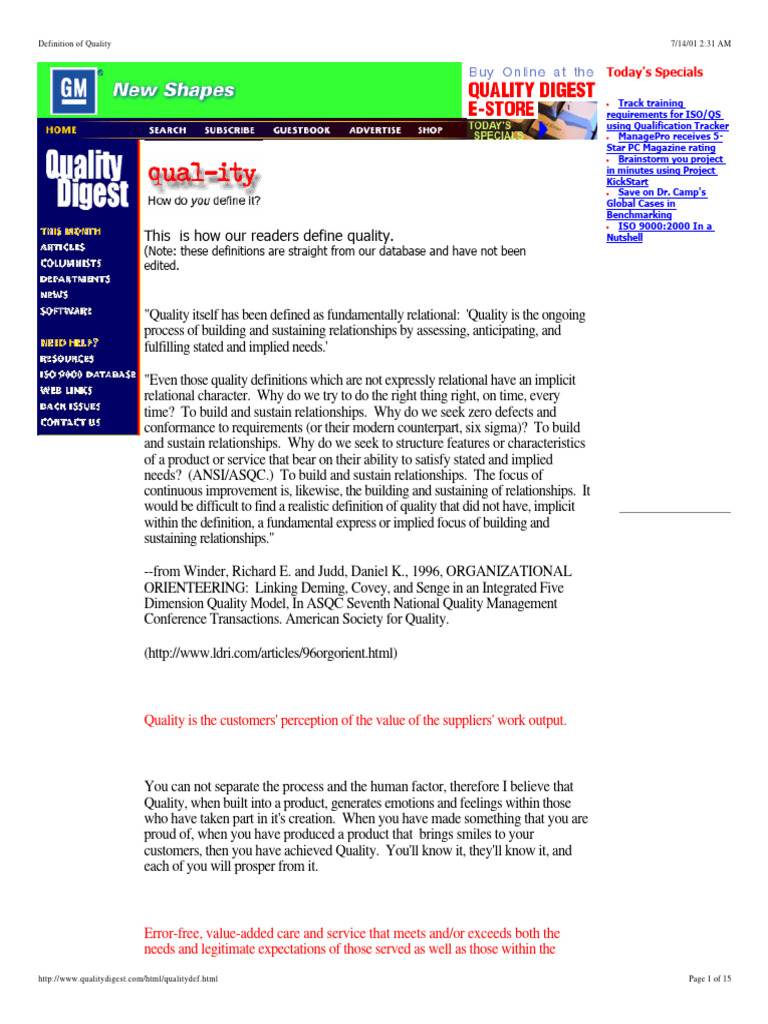 Definition of Quality | PDF | Quality (Business) | Customer