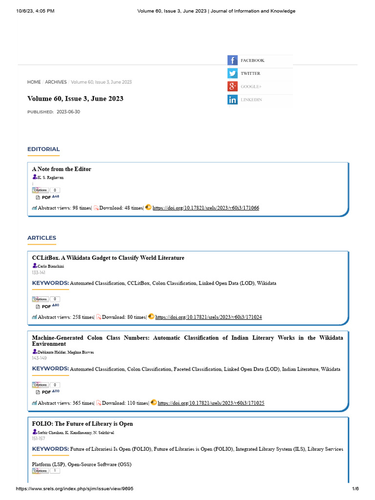 Volume 60, Issue 3, June 2023 - Journal of Information and Knowledge | PDF | Artificial ...