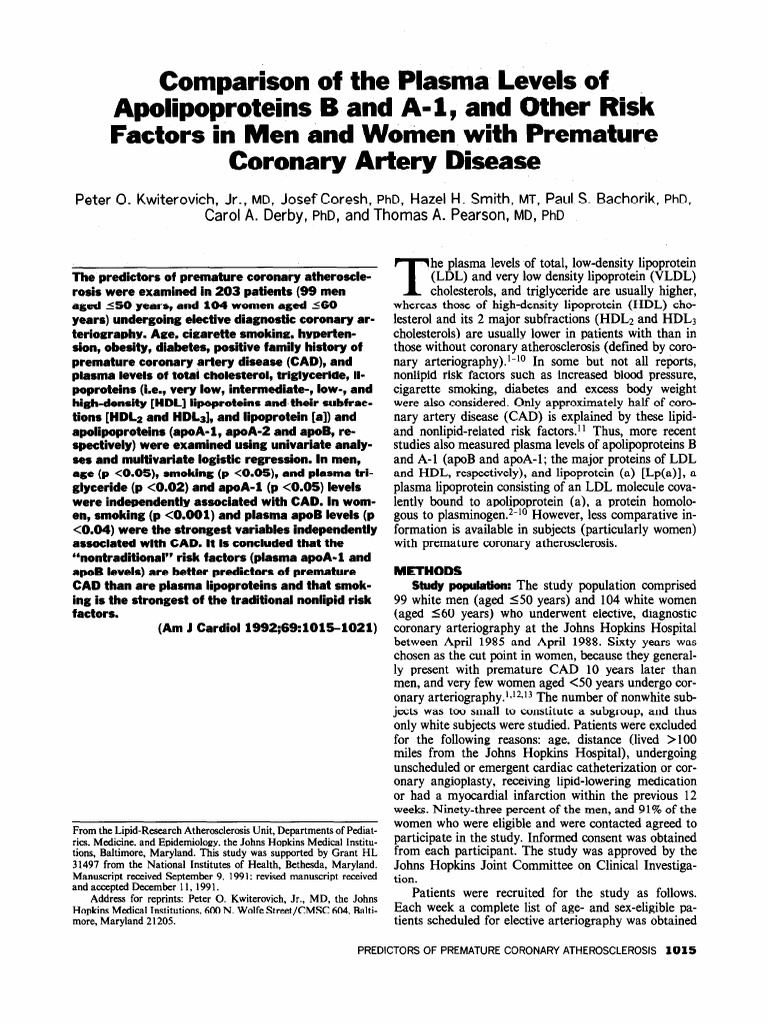 Comparison of The Plasma Levels of Apolipoproteins B and A-L, and Other ...
