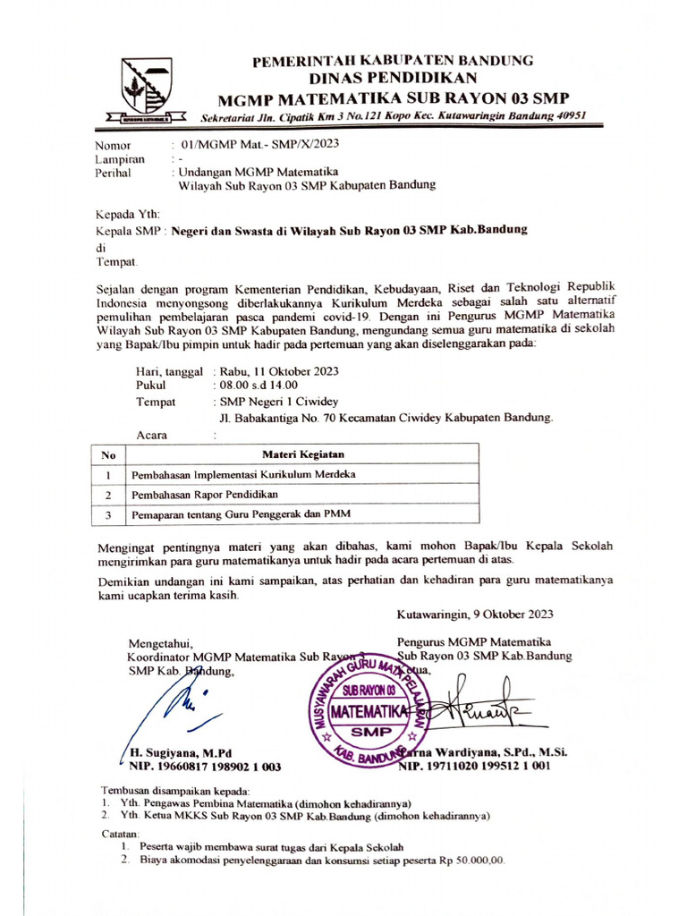 Surat Undangan MGMP Matematika | PDF