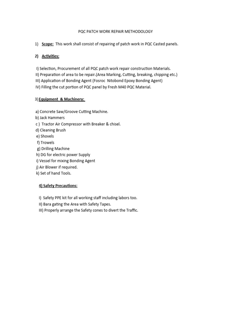 PQC PATCH Repair Methodology Kashedi Project | PDF | Concrete | Road ...