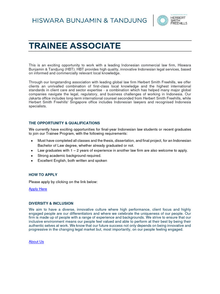 Trainee Associate Opportunities at HBT | PDF