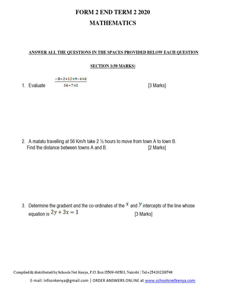 Secondary Mathematics Form 2 End Term 2 2020 | PDF | Area | Cartesian ...