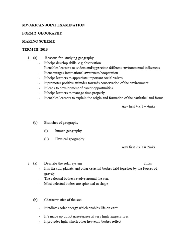 Form 2 Geography Joint Exam Marking Scheme | PDF | Magma | Igneous Rock