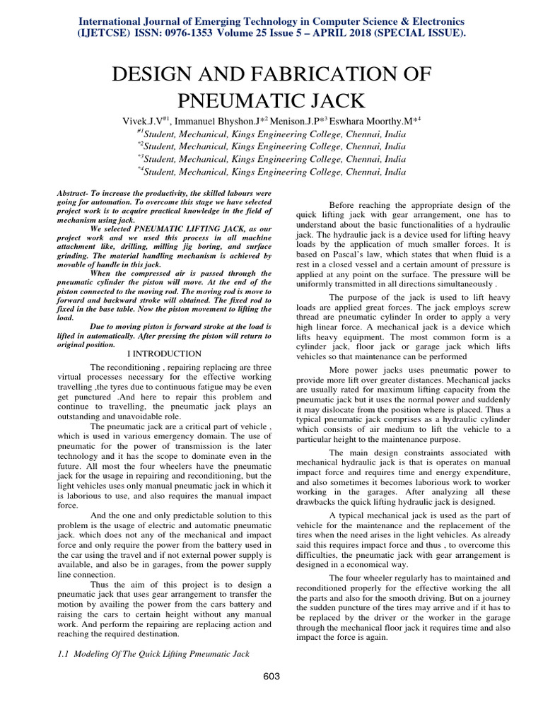 Design and Fabrication of Pneumatic Jack - 1604659939 | PDF | Electric Motor | Mechanical ...