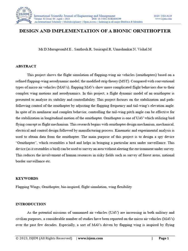 Bionic Ornithopter Design and Control | PDF | 3 D Printing | 3 D ...