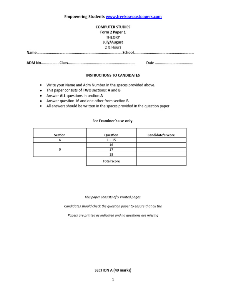 Form 2 Computer Studies Exam | PDF | Computer Hardware | Computer Architecture
