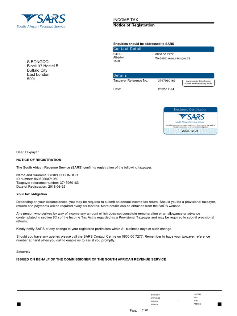 SARS Confirmation Letter | PDF | Taxpayer | Taxes