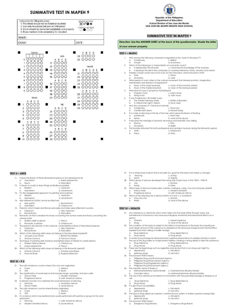 MAPEH 9 Summative Test Questions | PDF | Stimulant | Substance Abuse