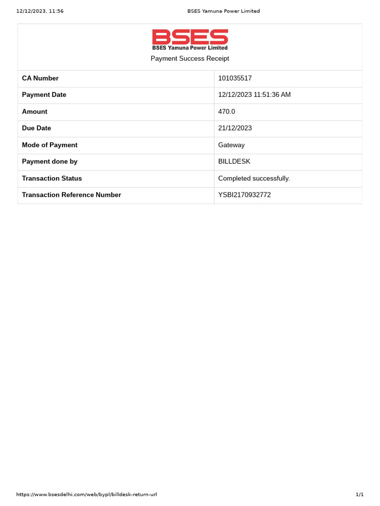 Payment Receipt for BSES Customers | PDF