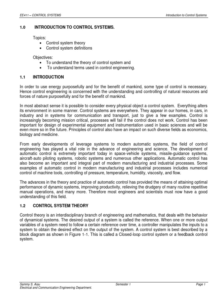 1 - Introduction To Control Systems | PDF | Control Theory | Feedback