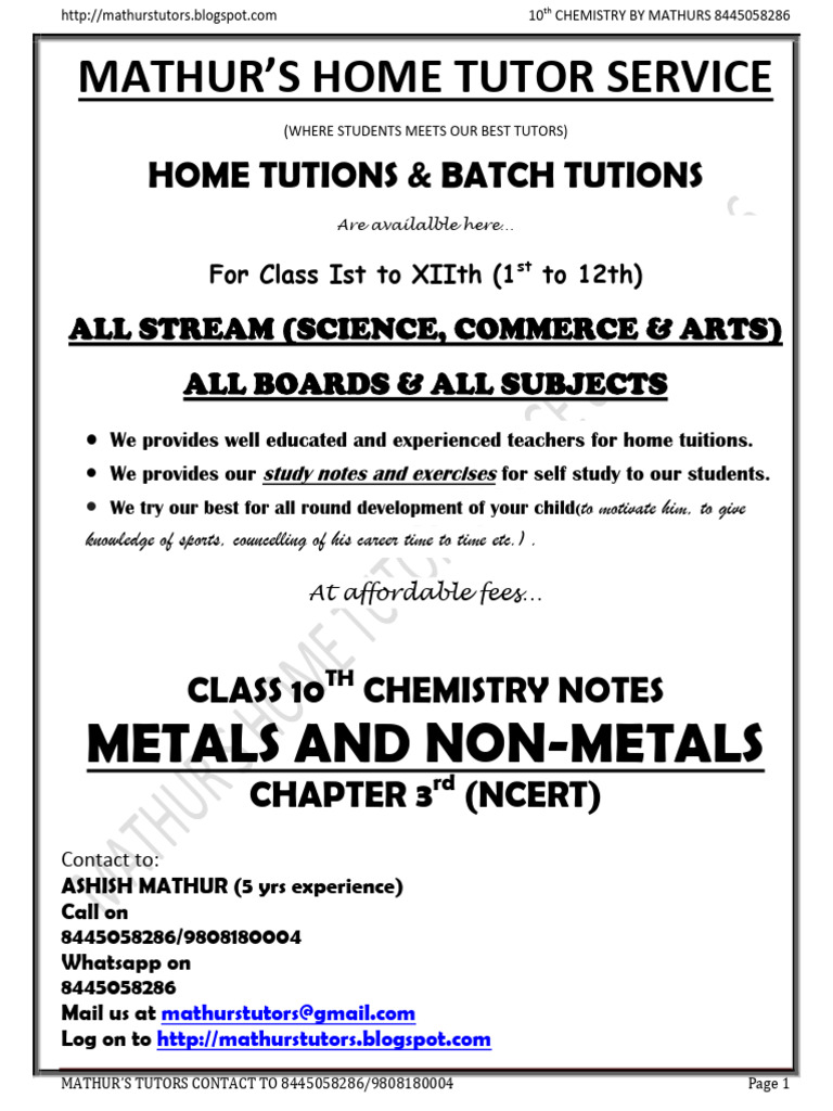 10TH Metals and Non Metals | PDF | Ion | Chemical Compounds