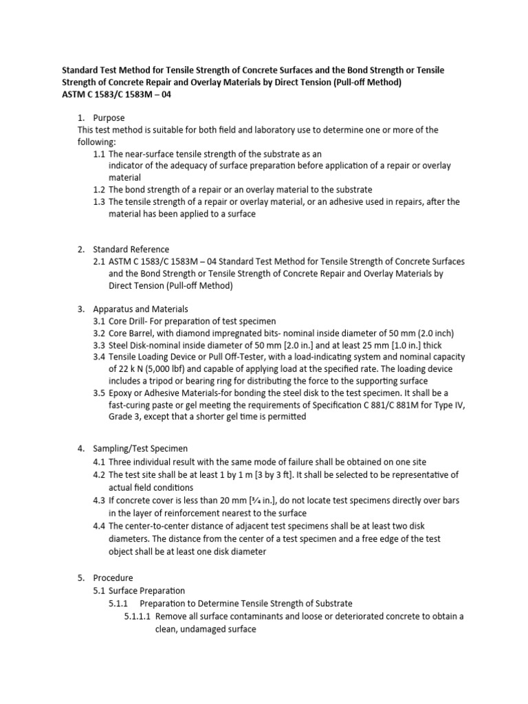 Standard Test Method For Tensile Strength Of Concrete Surfaces And The