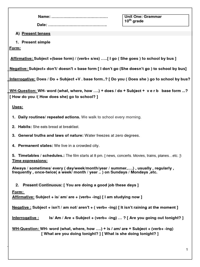 Grammar Unit1 10th Grade 2023-2024 | PDF | Question | Verb