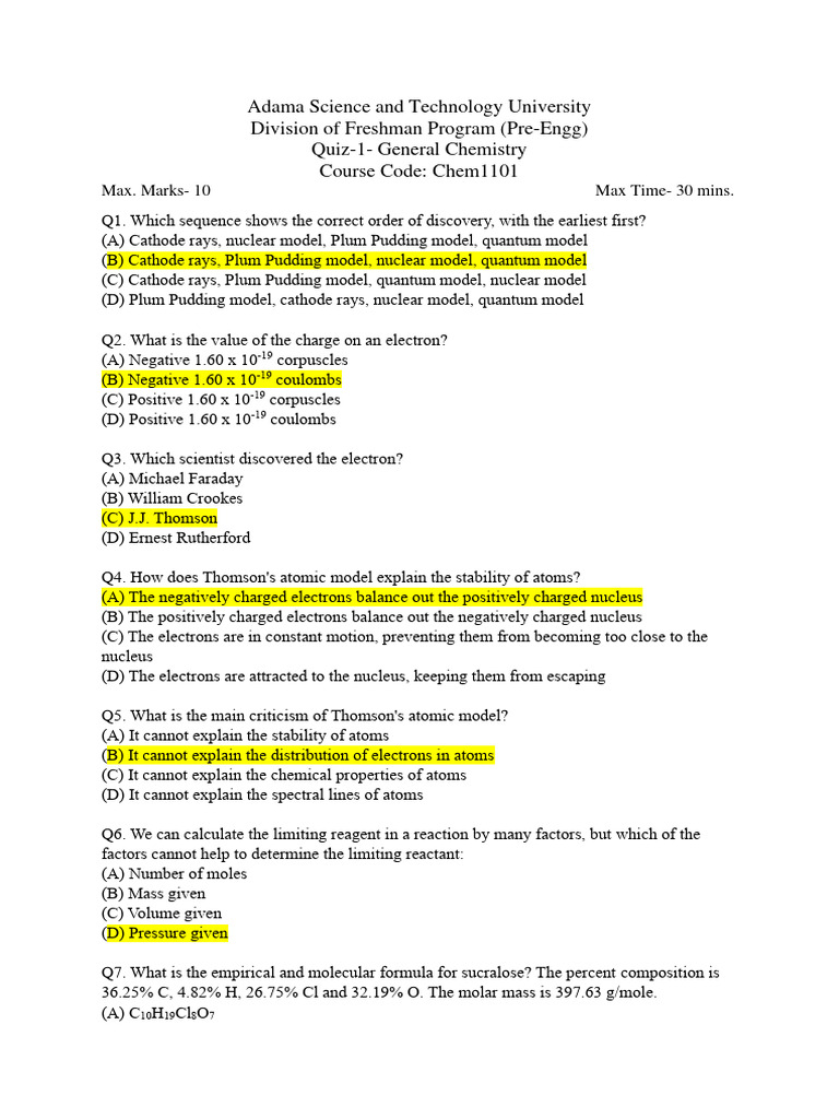 Chem Quiz | PDF | Atomic Nucleus | Electron