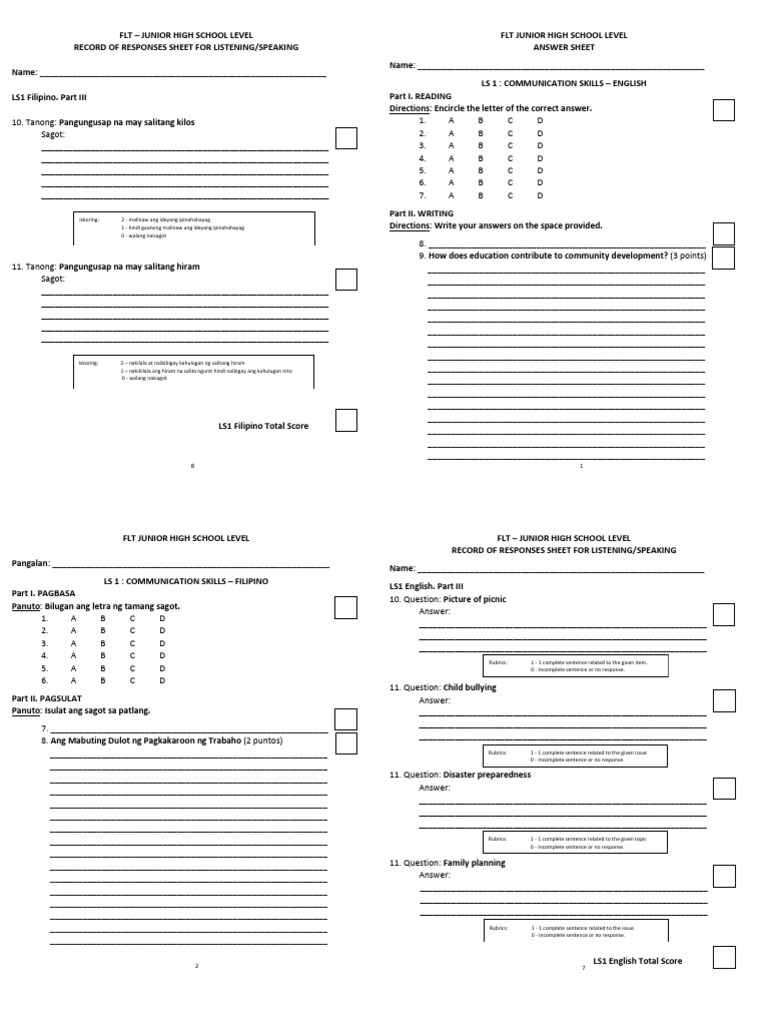 JHS Answer Sheet With RRS 1 | PDF | Communication | Cognitive Science