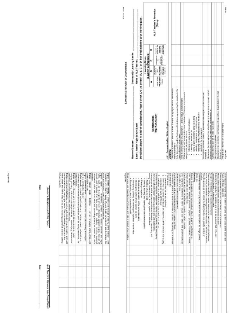 RPL Form 4 JHS Learners Checklist of Competencies Booklet | PDF ...
