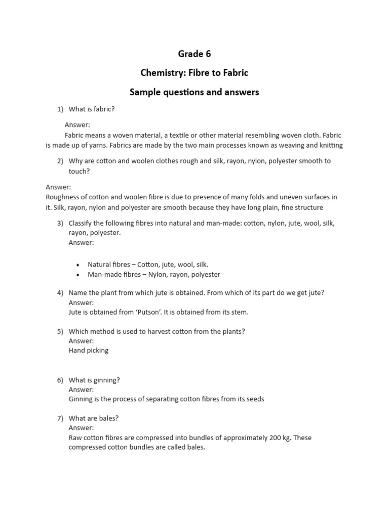 Grade 6 Fibre To Fabric Sample Questions | Download Free PDF | Textiles | Cotton