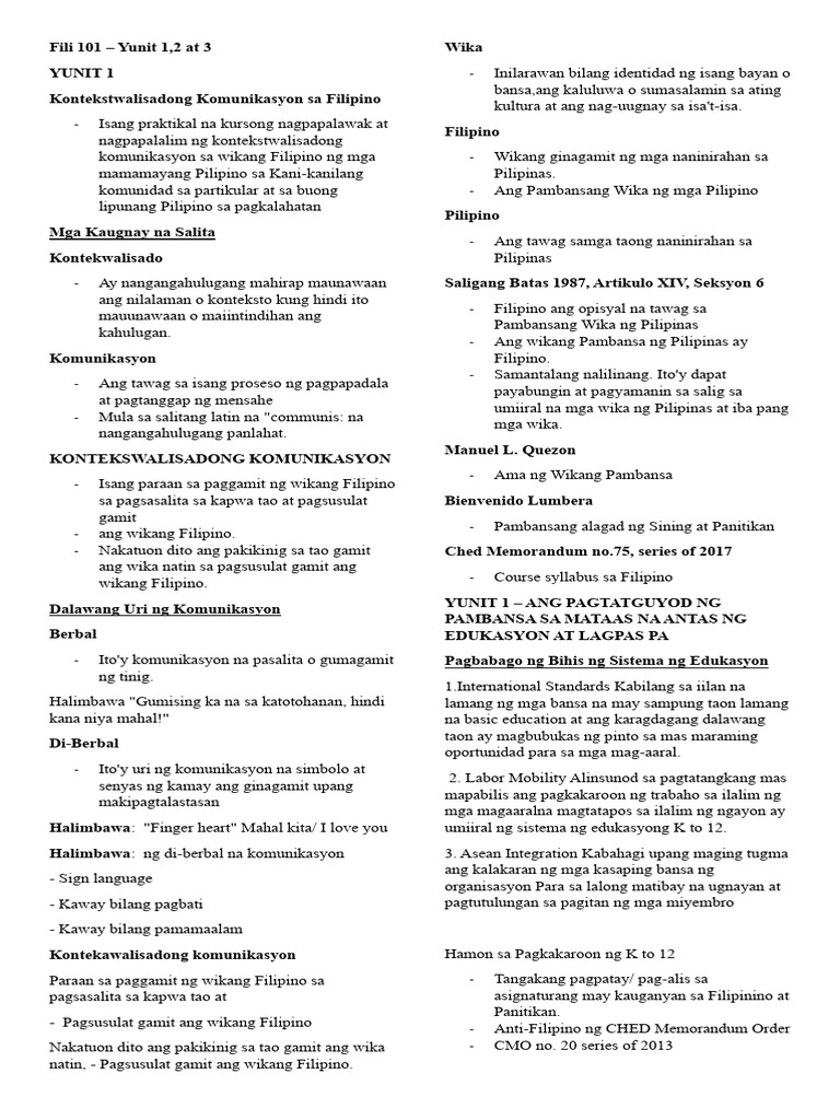 Fili 101 - YUNIT 1 2 3 | PDF