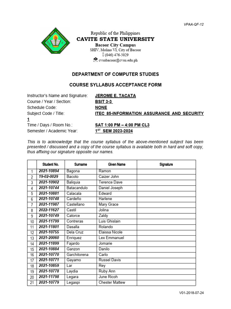 Course Syllabus Acceptance Form BS 3 3 | PDF