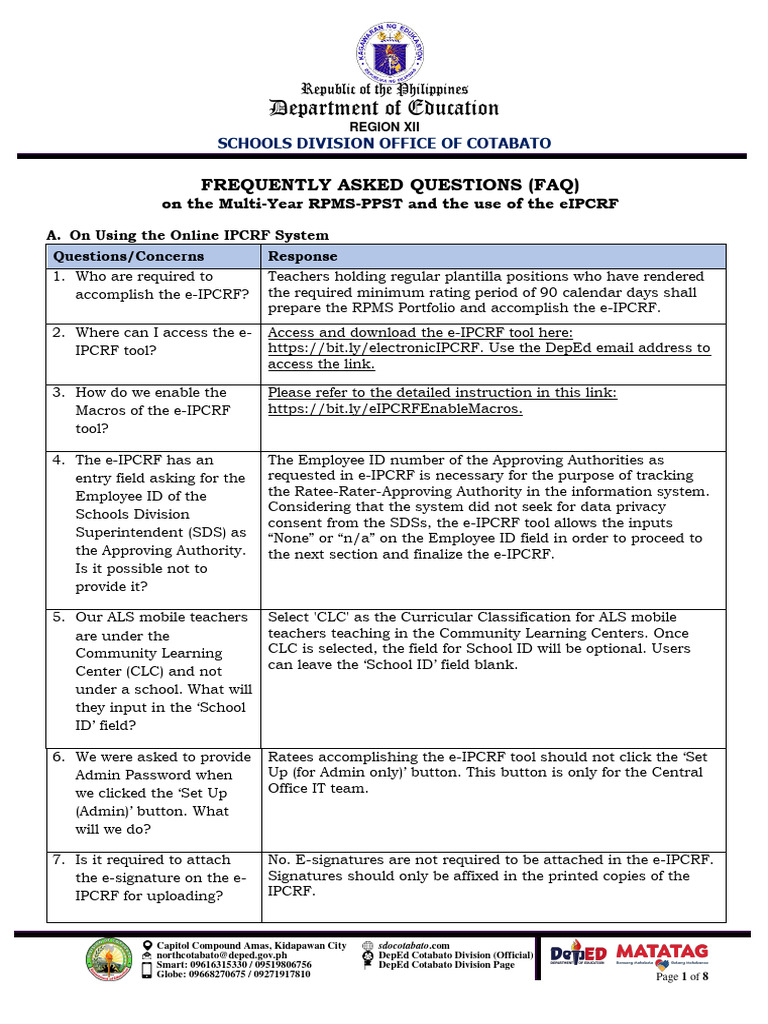 Frequently Asked Questions FAQ On The Multi Year RPMS PPST and The Use of The EIPCRF | PDF | Faq ...