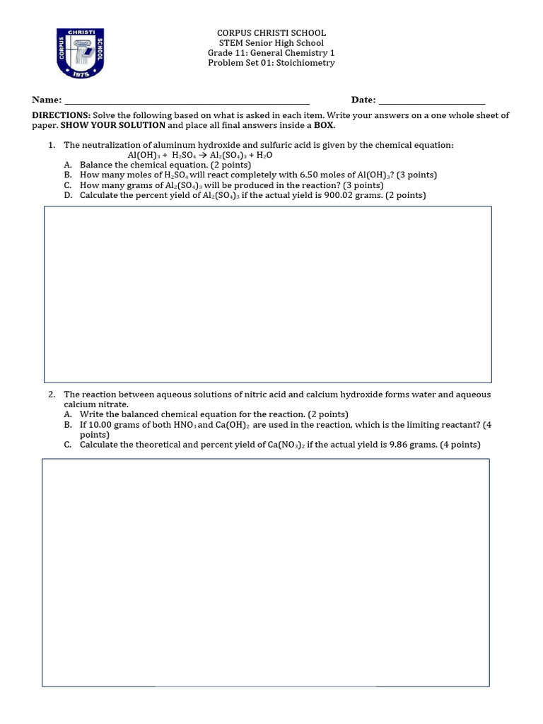 Stoichiometry Problem Set: Acid-Base Reactions | PDF