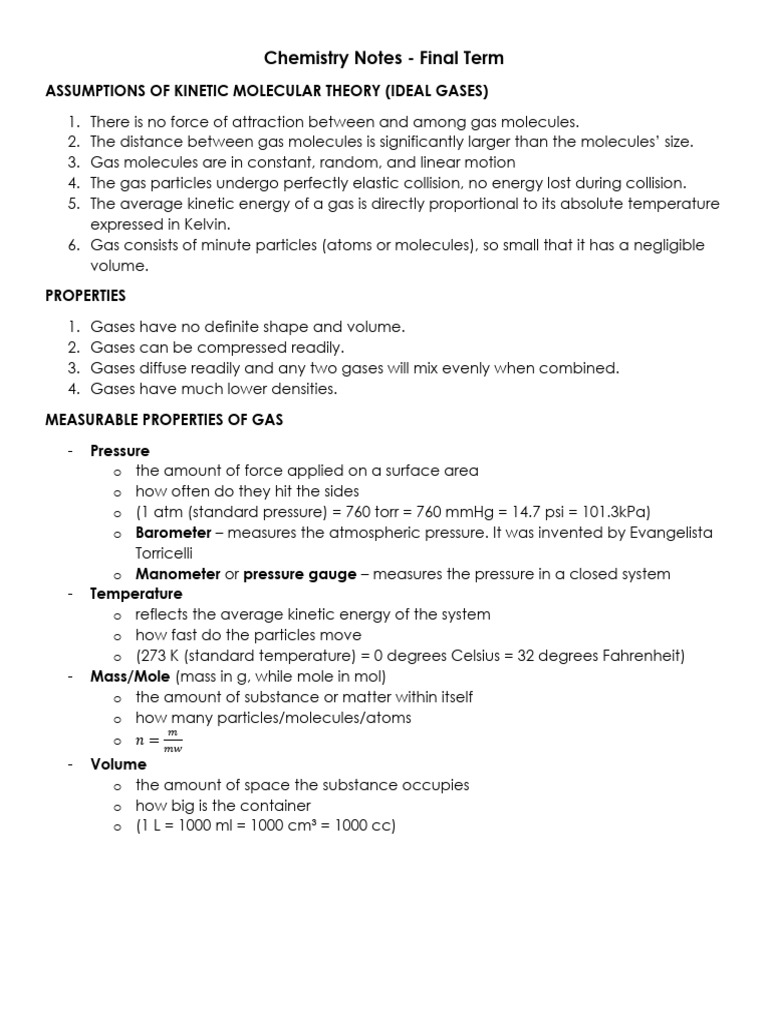 Chemistry 1 Final Term Notes | PDF | Gases | Ion