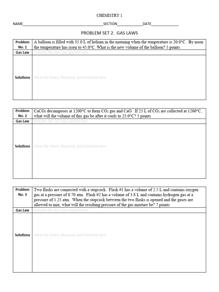 Chemistry Gas Laws Problem Set | PDF | Gases | Atmosphere Of Earth
