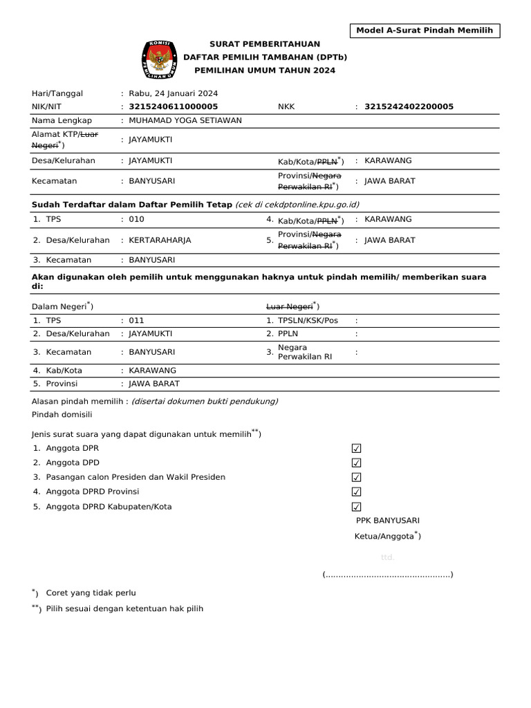 Surat Pindah Memilih - MUHAMAD YOGA SETIAWAN - 3611000005 - 24-01-2024T16.17.17 | PDF