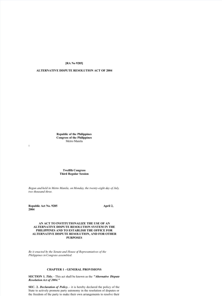 R.A. No. 9285 - Alternative Dispute Resolution Act 2004 | PDF | Mediation | Arbitration