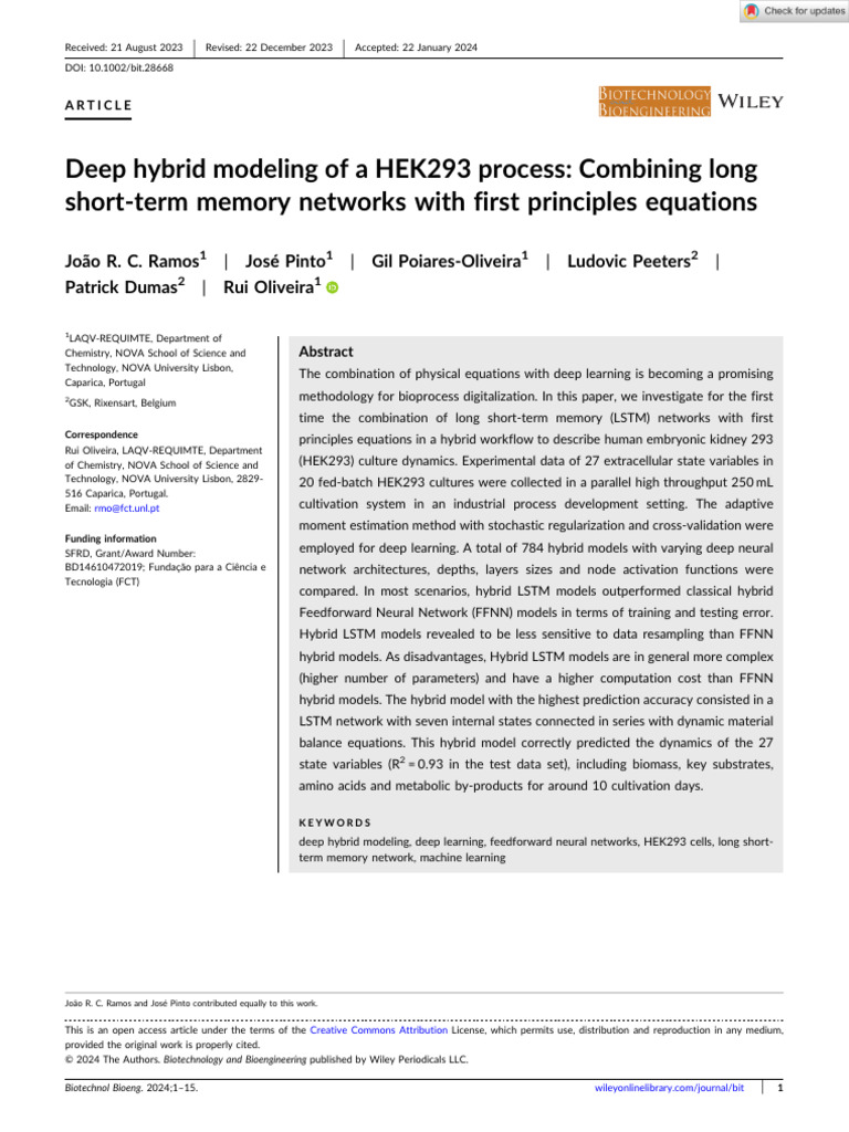 Biotech Bioengineering - 2024 - Ramos - Deep Hybrid Modeling of A HEK293 Process Combining Long ...