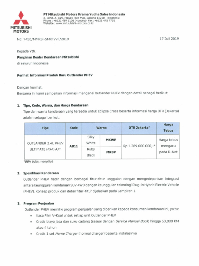 Sirkuler Informasi Produk Baru Outlander PHEV | PDF