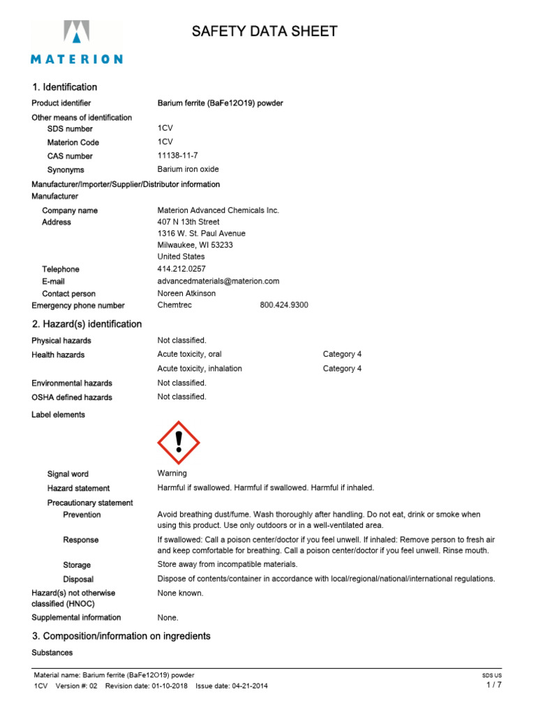 1CV - BARIUM FERRITE (BAFE12O19) POWDER - SDS-US - English | PDF ...