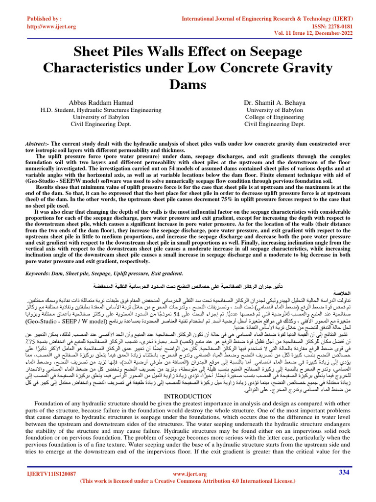 Sheet Piles Walls Effect On Seepage Characteristics Under Low Concrete ...