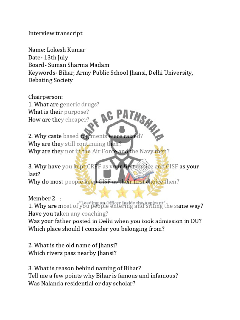 CAPF AC Interview Transcripts Merged | Download Free PDF | Human ...