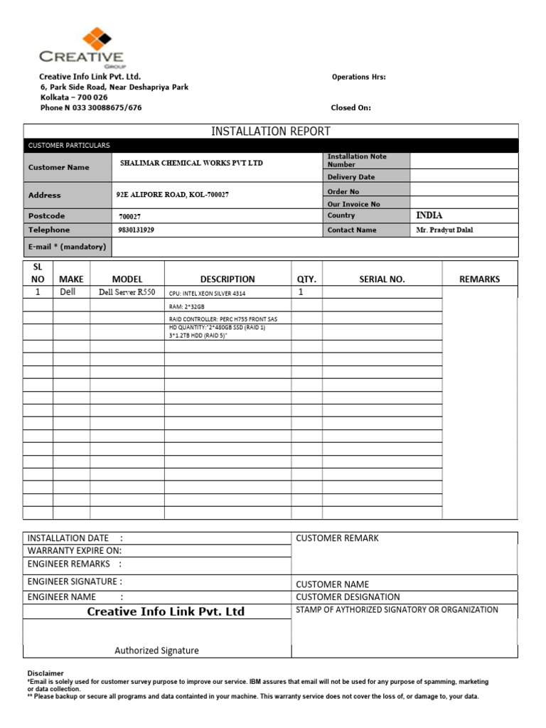 Installation Report: SL NO Make Model Description Qty. Serial No ...
