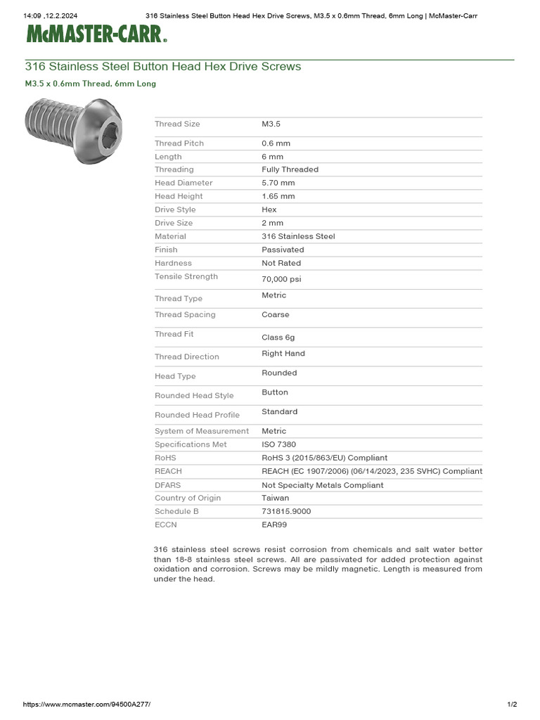 316 Stainless Steel Button Head Hex Drive Screws: M3.5 X 0.6mm Thread ...