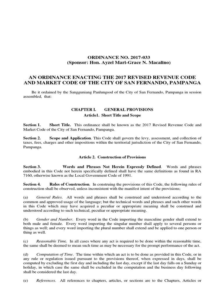 2017 Revised Revenue Code and Market Code - Ord. No.2017 033 | PDF ...