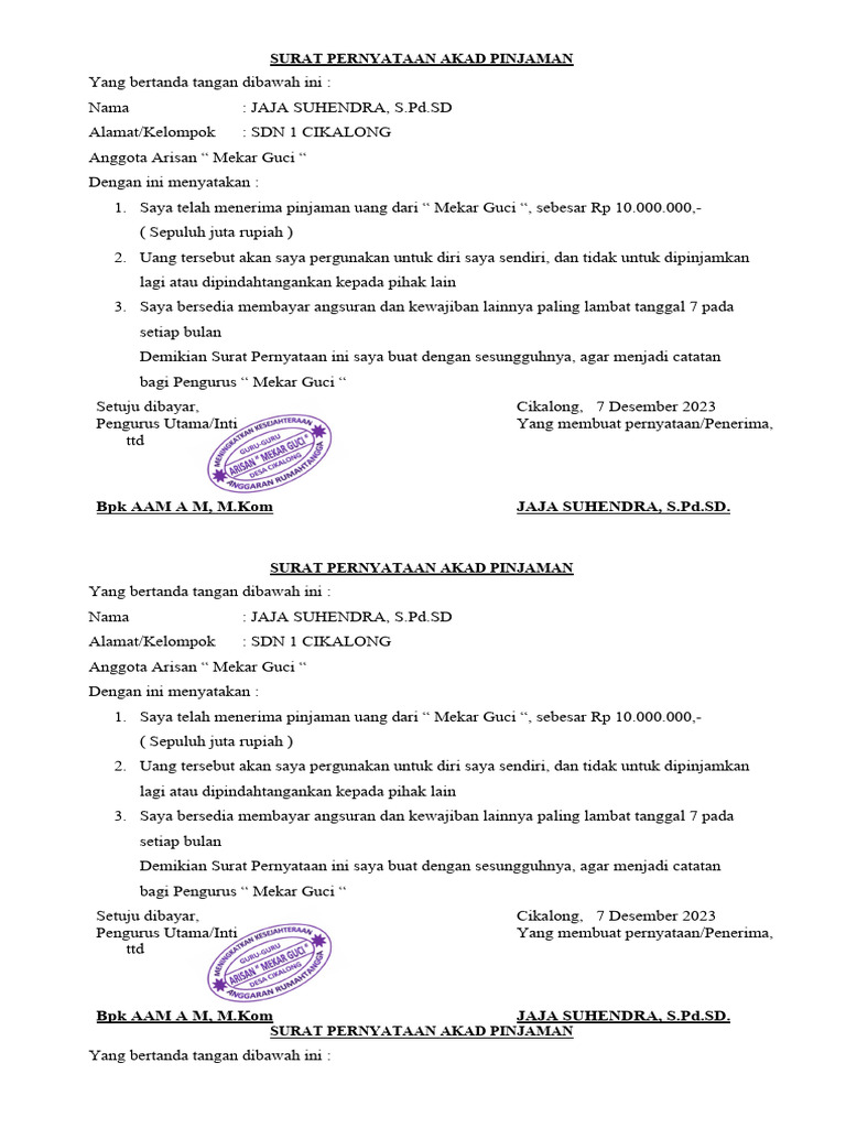 Surat Pernyataan Akad Pinjaman Arisan | PDF