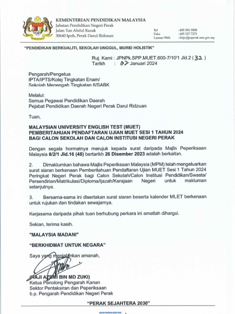Pemberitahuan Pendaftaran Ujian Muet Sesi 1 Tahun 2024 Bagi Calon ...