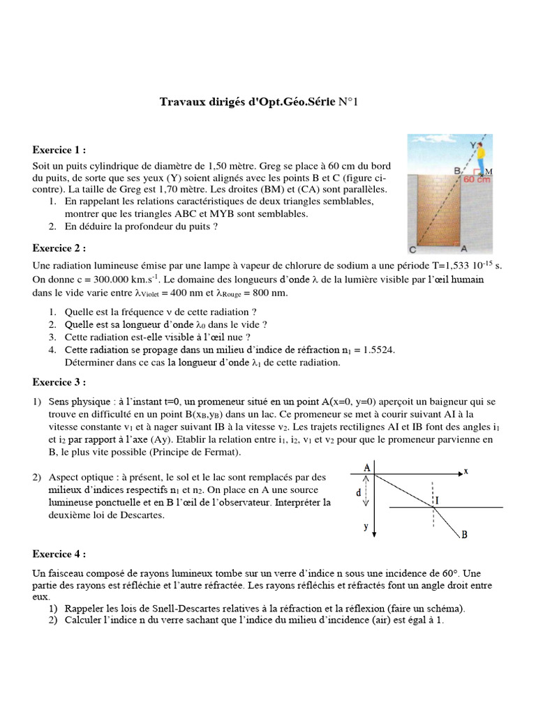 Exercices de Physique Optique et Géométrie | PDF | Réfraction | Indice ...