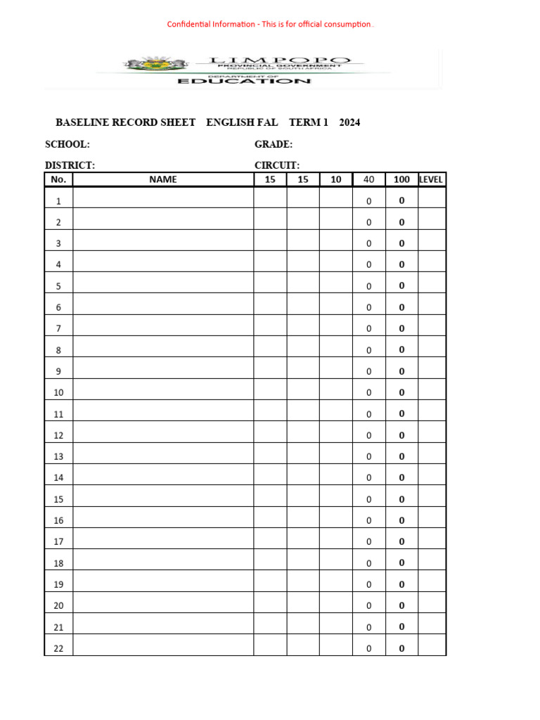 English FAL Baseline Record Sheet 2024 | PDF
