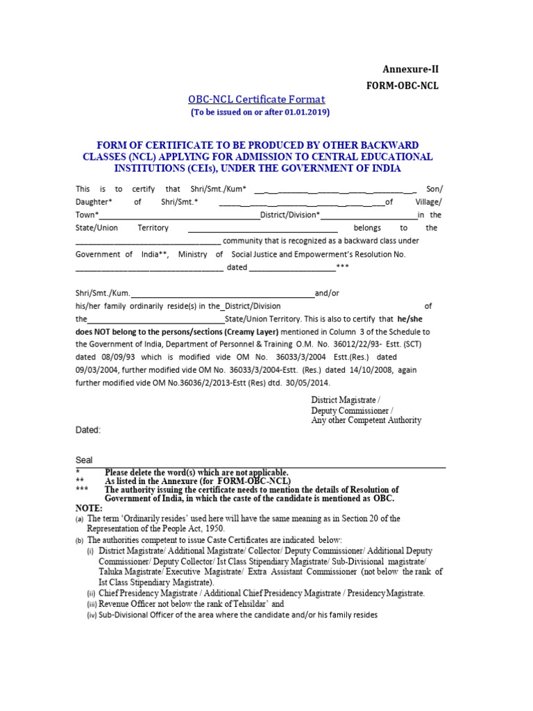 Appendix II Obc Format | PDF | Government | Government Of India