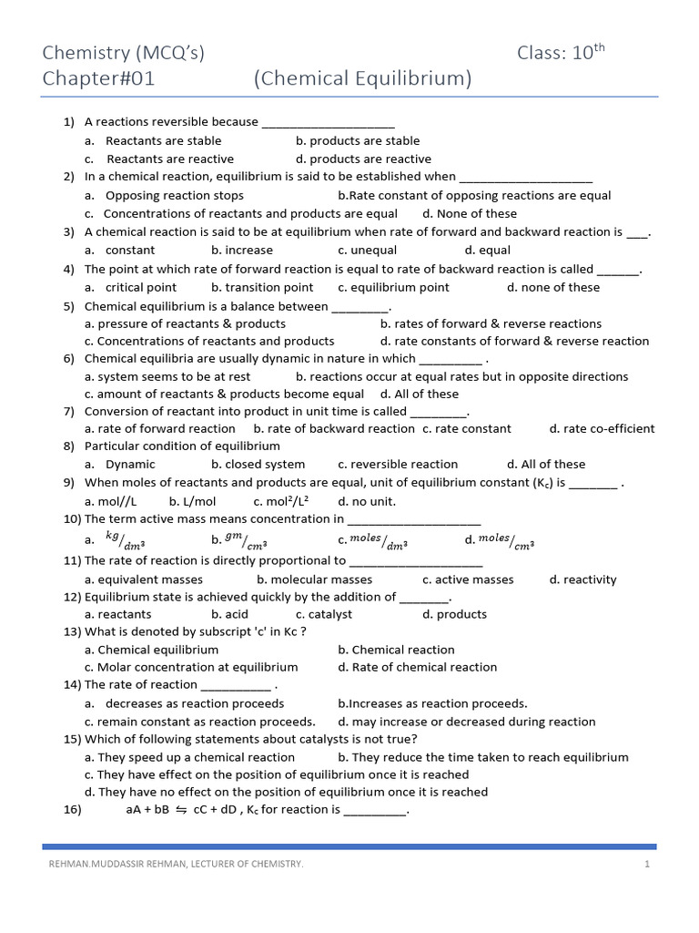 10th - CH.01.MCQs - Chem.Equilibrium 1 | PDF | Chemical Equilibrium | Reaction Rate