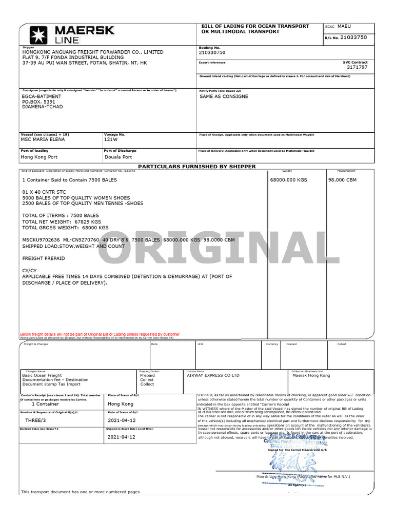 BL Hongkong | Download Free PDF | Bill Of Lading | Cargo