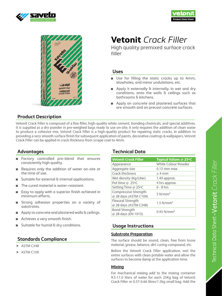 Vetonit Crack Filler Technical Data Sheet | PDF | Concrete | Plaster