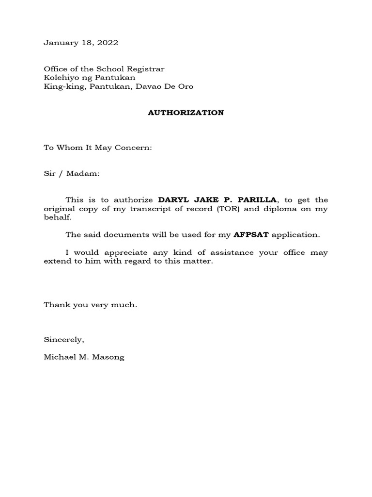 Authorization Letter To Get Tor and Diploma For Afpsat Application Daryl Jake P Parilla | PDF
