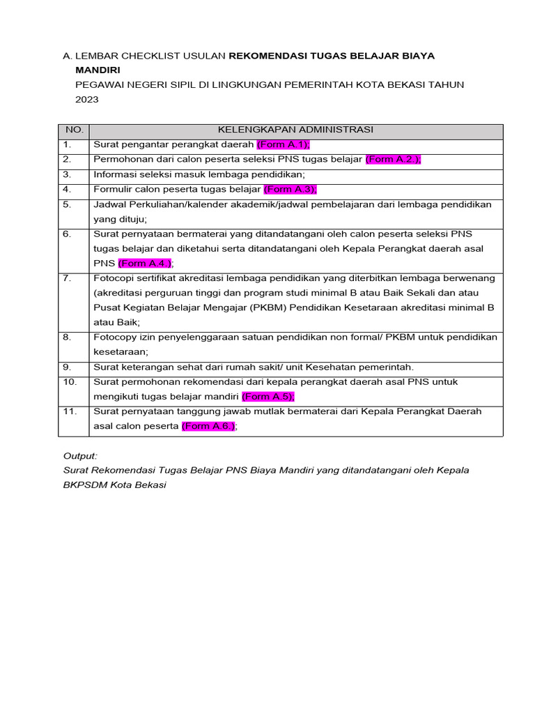 Checklist Tugas Belajar PNS Bekasi 2023 | PDF